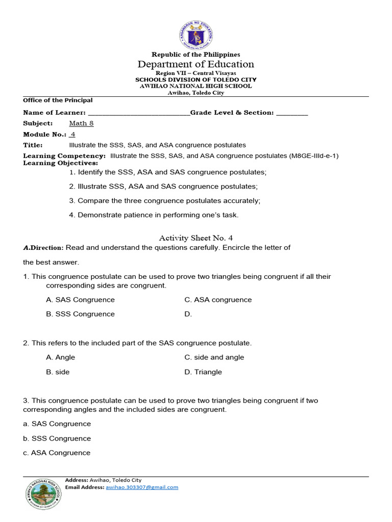 MATH 8-Activity-Sheet-4-Q3 | PDF | Classical Geometry | Elementary Mathematics
