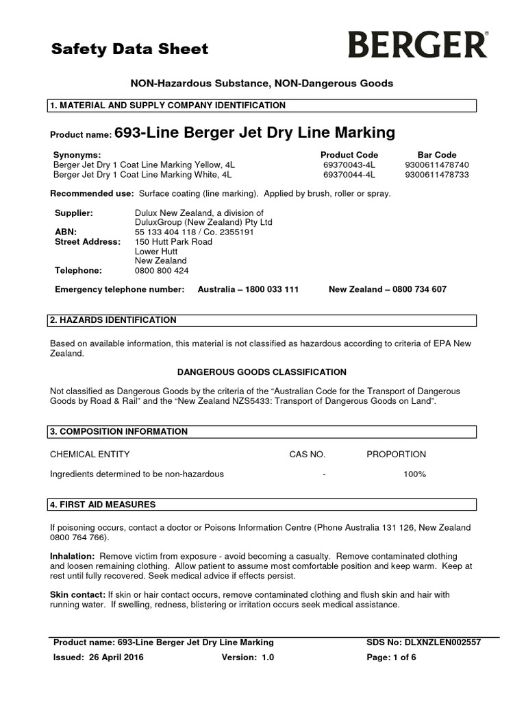 Berger Jet Dry Line Marking SDS | PDF | Dangerous Goods | Personal ...