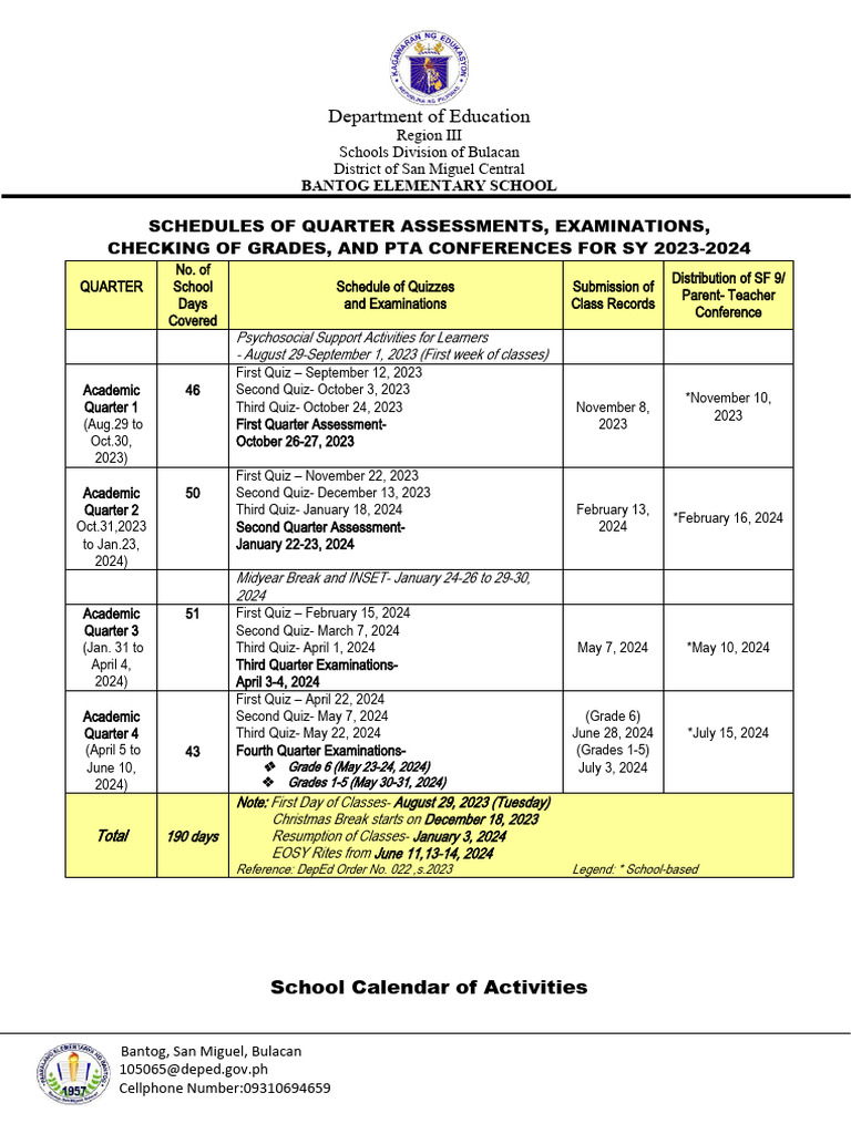Bantog Elementary School 2023-2024 Schedule | PDF | Observances ...