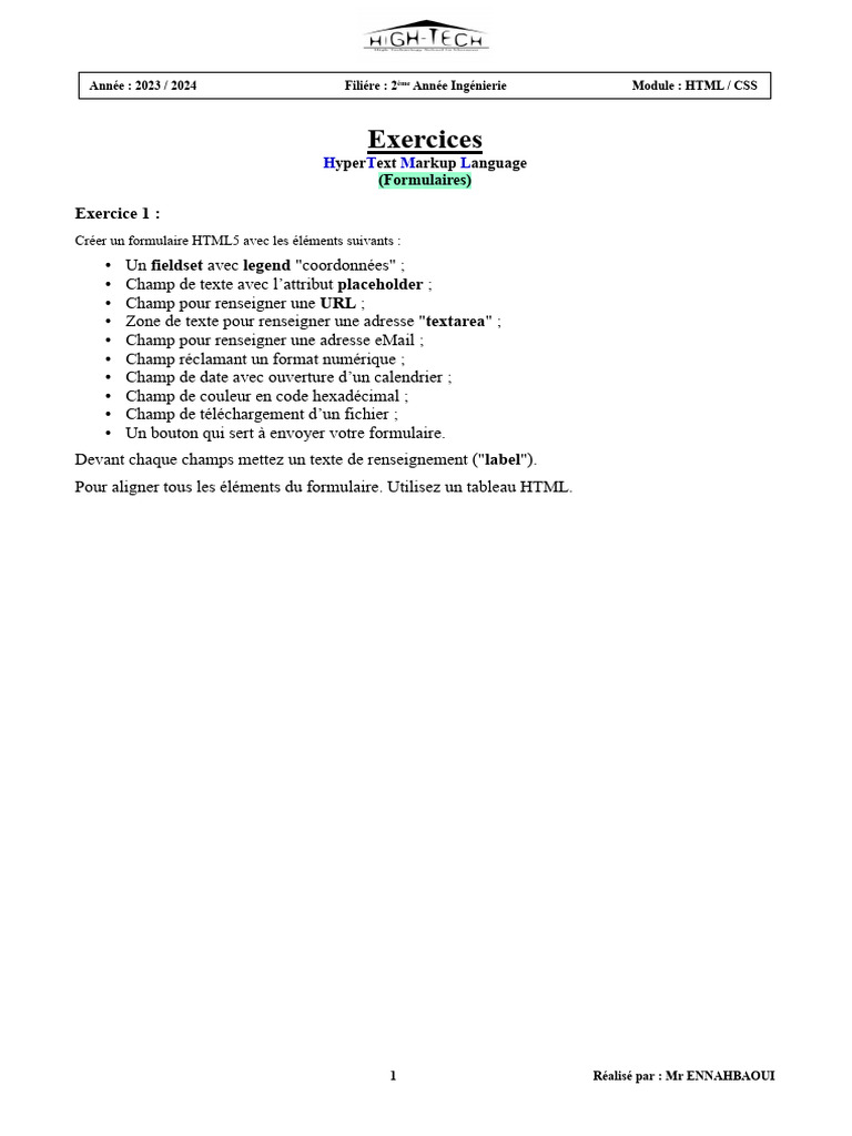 Exercice de création de formulaire HTML | PDF