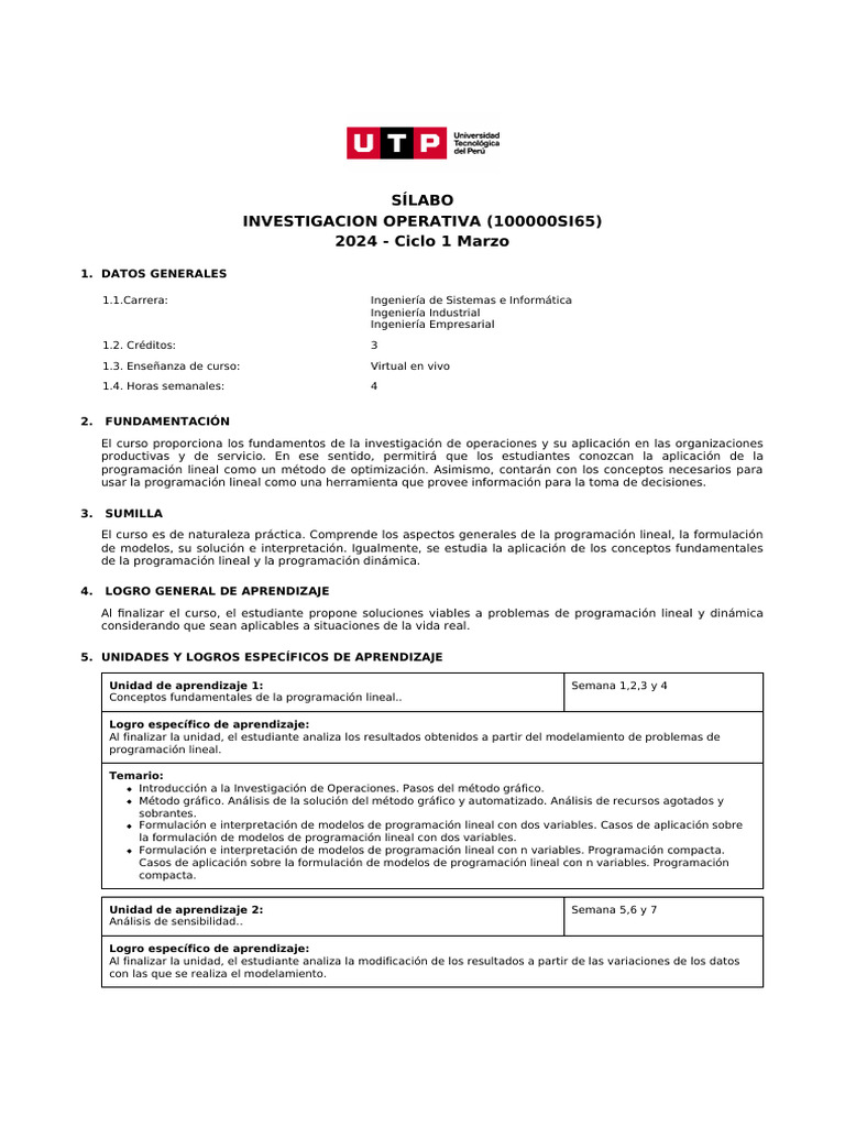 Sílabo de Investigación Operativa UTP | PDF | Programación lineal | Ingeniería de Sistemas