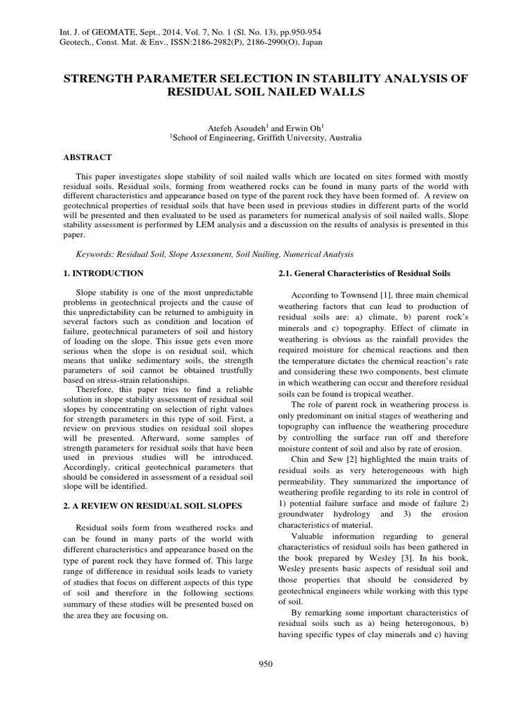 Strength Parameter Selection in Stability Analysis of Residual Soil Nailed Walls | PDF ...