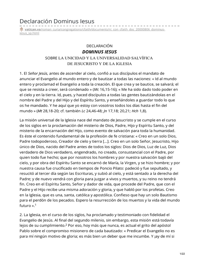 Declaracion Dominus Iesus | PDF | Iglesia Católica | Jesús