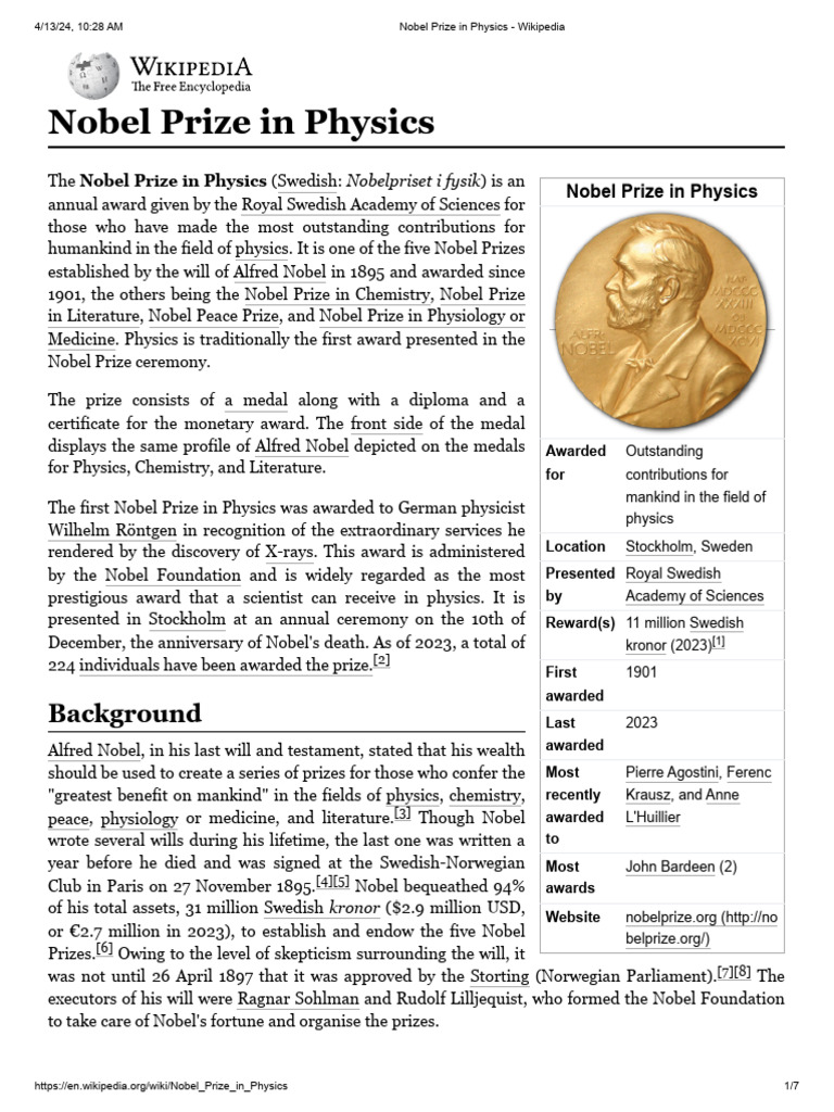 Nobel Prize in Physics - Wikipedia | PDF | Nobel Prize | Science And ...