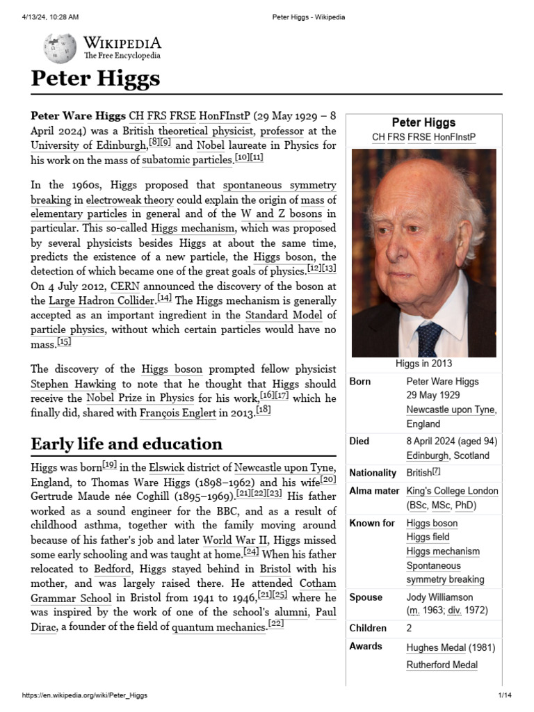 Peter Higgs - Wikipedia | PDF | Quantum Mechanics | Particle Physics