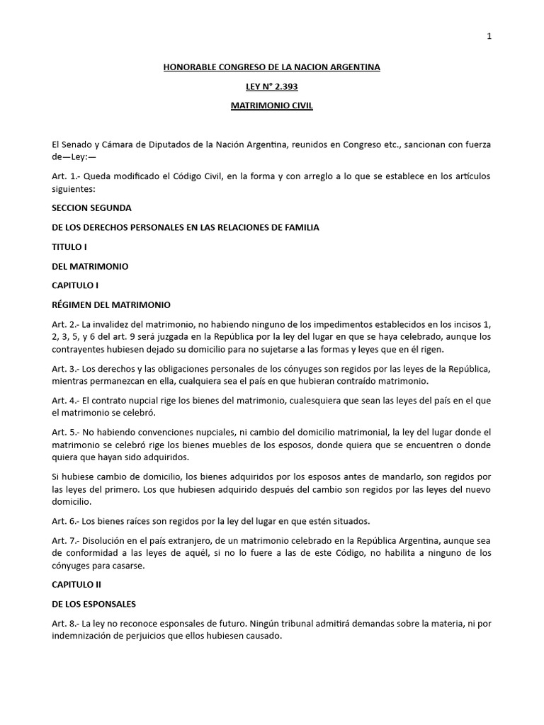 Ley 2.393 de Matrimonio Civil. | PDF | Divorcio | Anulación
