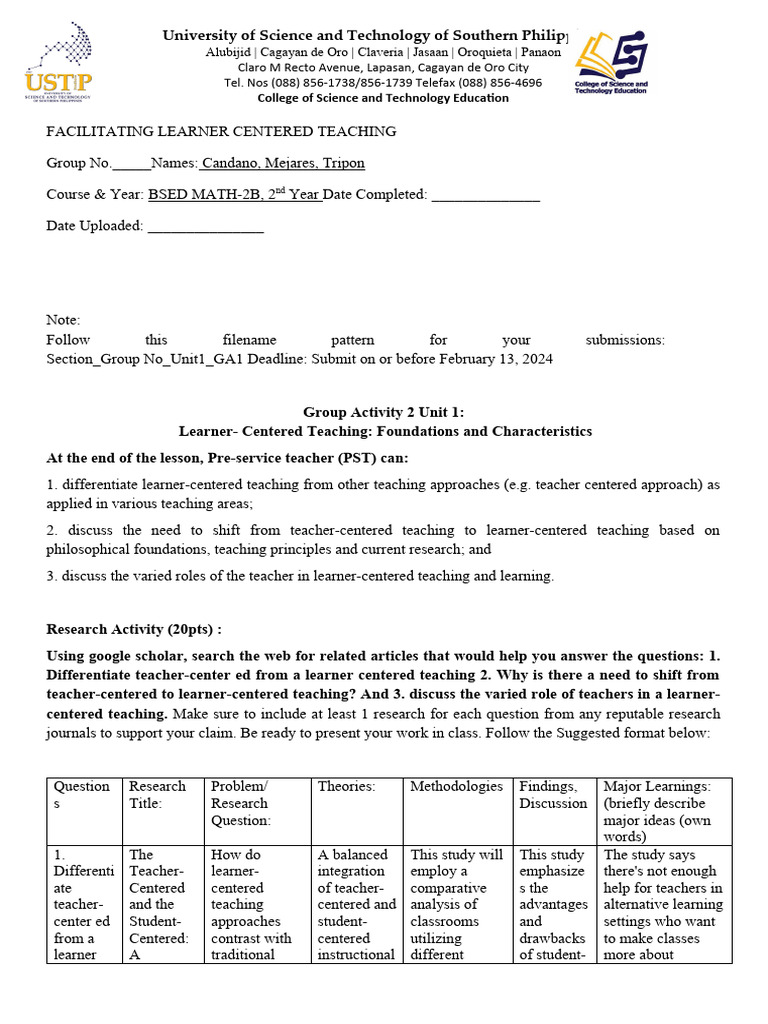 Group Activity 2 Unit 1 | PDF | Teachers | Learning