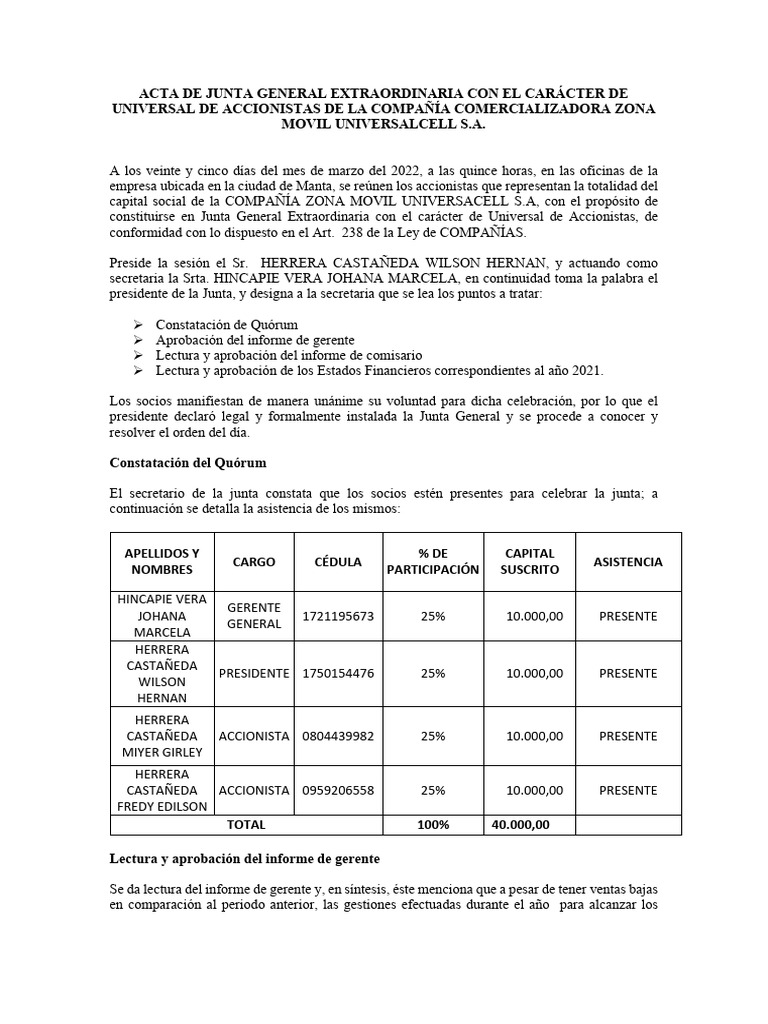 Acta de Junta General Extraordinaria Con El Caracter de Universal | PDF ...