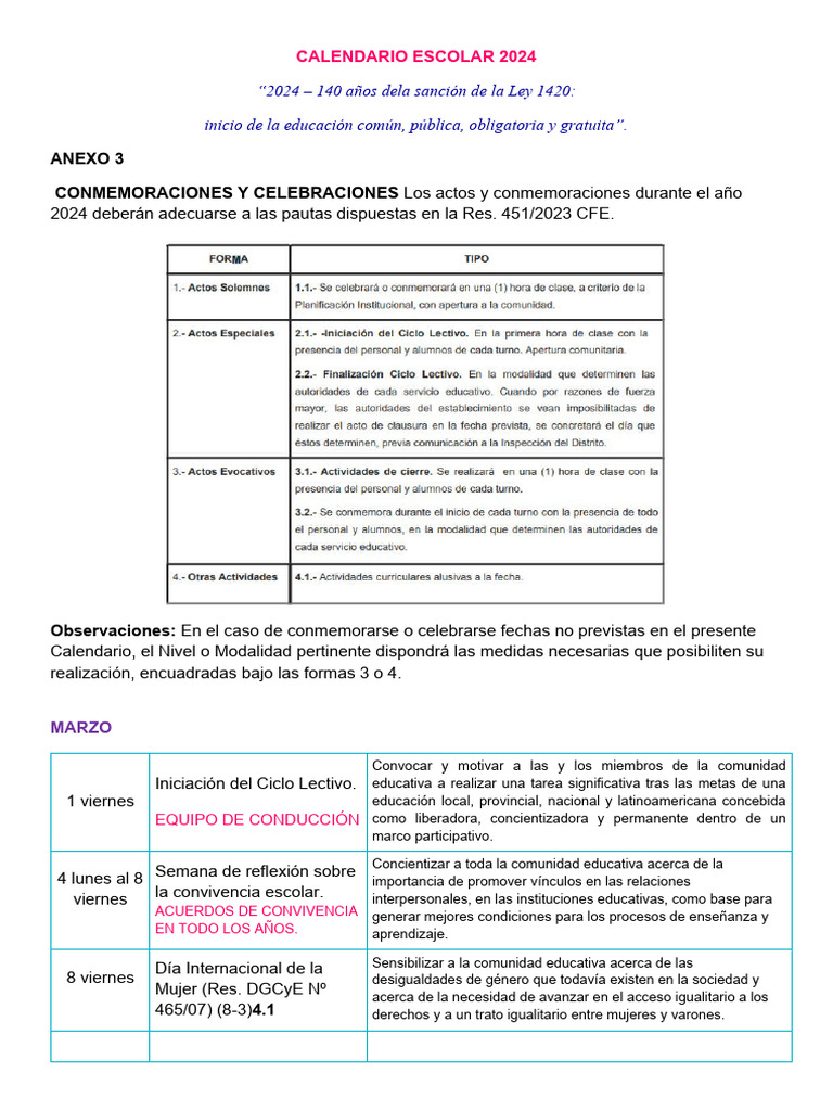 Calendario Escolar 2024 y Conmemoraciones | PDF | Escuelas | America latina