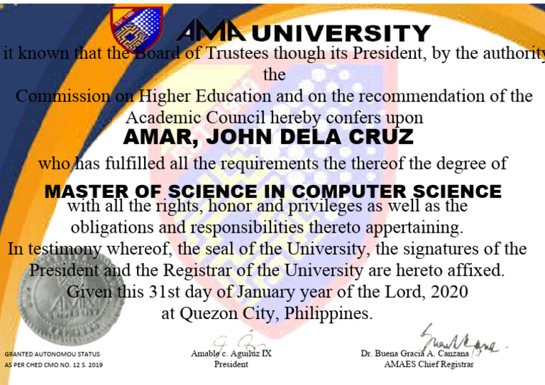 Amar, John Dela Cruz: Master of Science in Computer Science | PDF