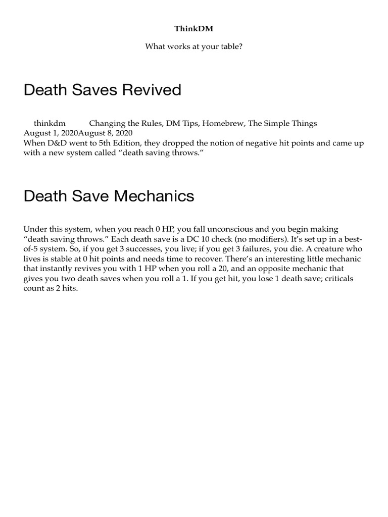 Death Saves Revived - ThinkDM | PDF | Dungeons & Dragons