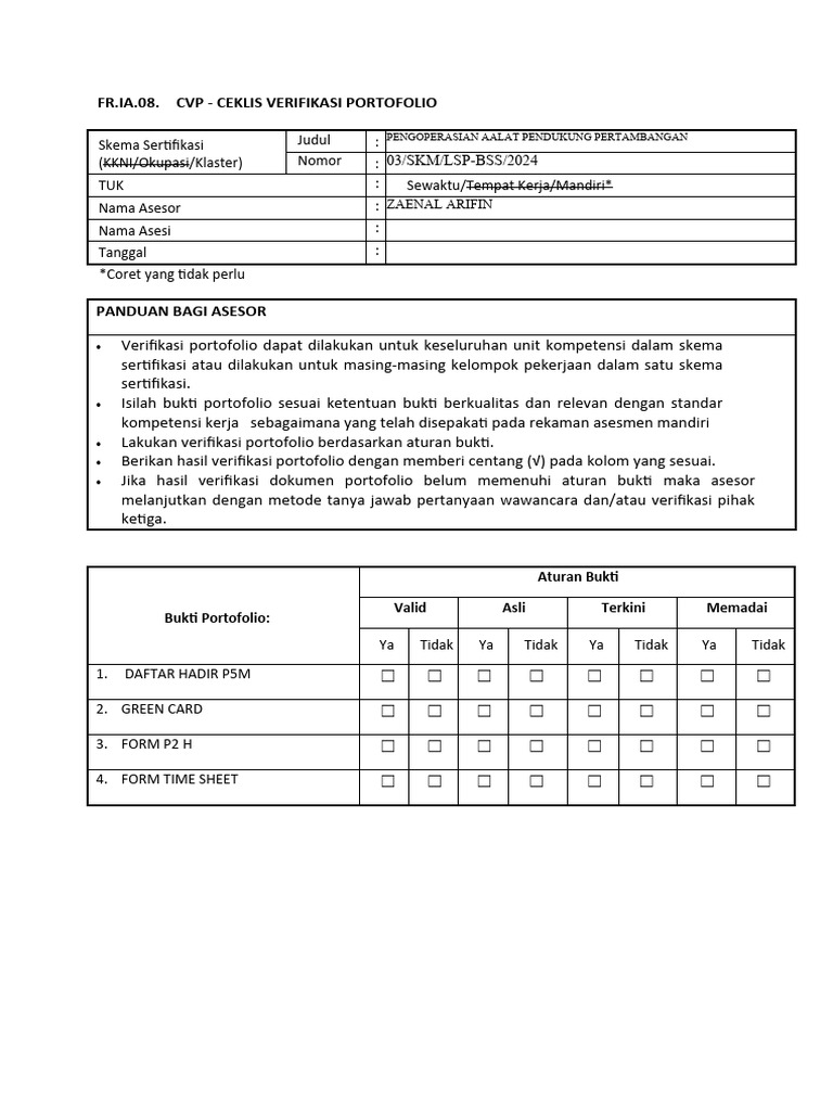 FR - IA.08. Ceklis Verifikasi Portofolio | PDF | Teknologi & Rekayasa