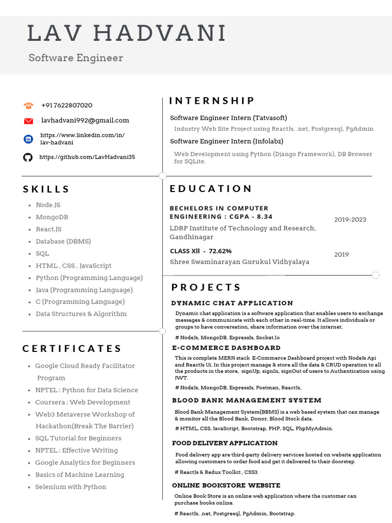 Lav Hadvani_Resume | PDF | Postgre Sql | Web Application