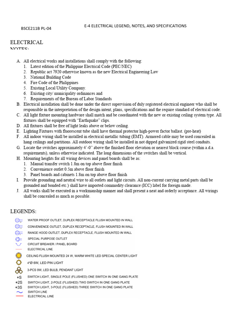 Electrical Legend, Notes and Specifications | PDF | Electrical Wiring ...
