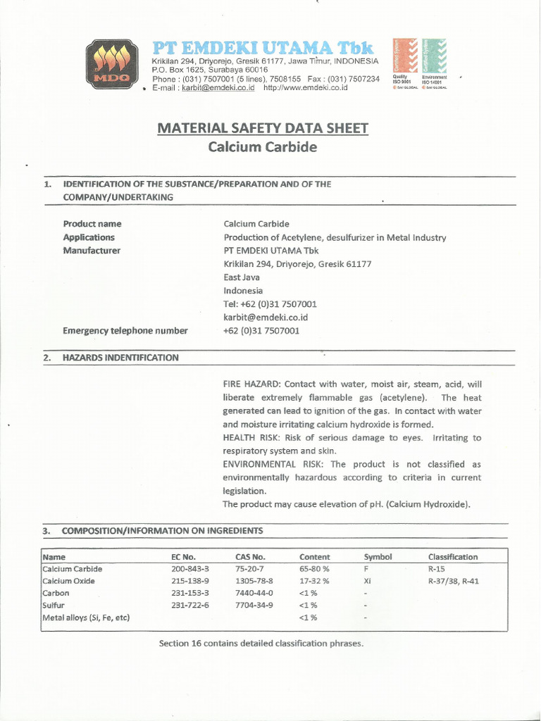 MSDS Calcium Carbide | PDF