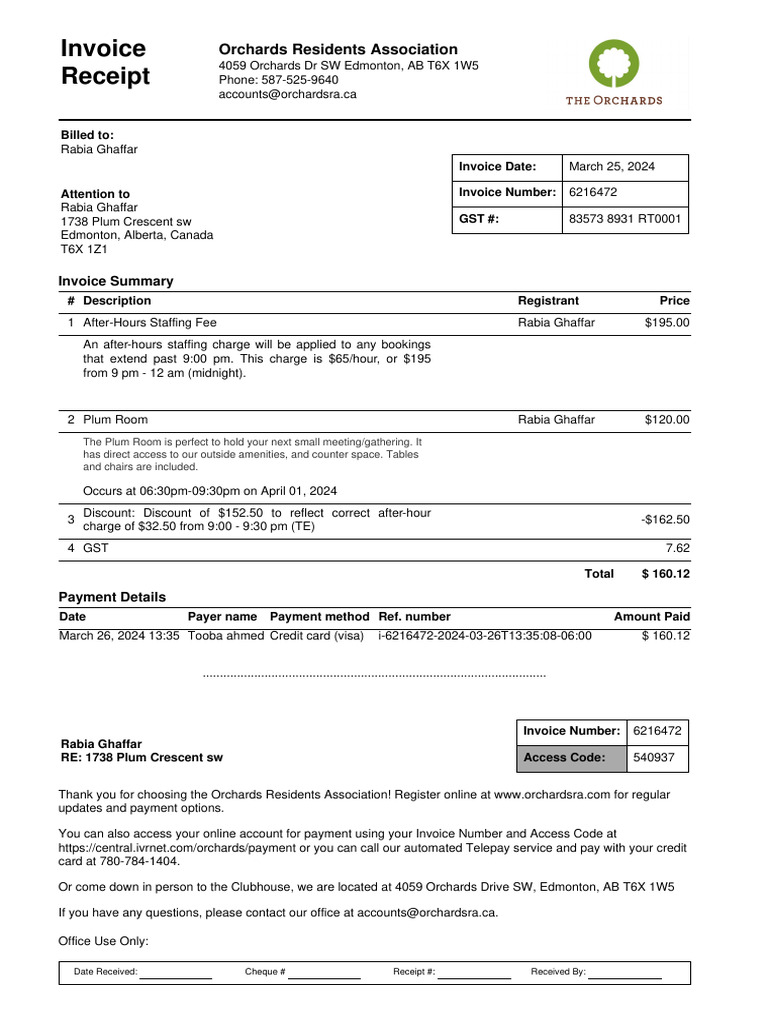 Invoice Receipt: Orchards Residents Association | PDF | Payments | Invoice