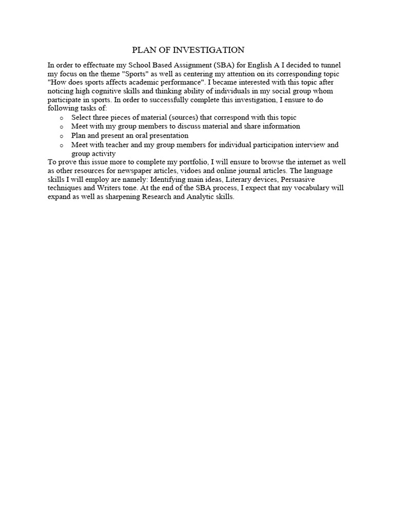 Plan of Investigation: o o o o | PDF | Sports | Learning