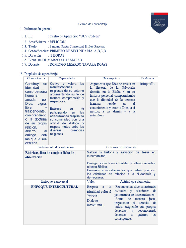 Sesion de Aprendizaje Primero de Secundaria 2024 | PDF | Prestado | Aprendizaje