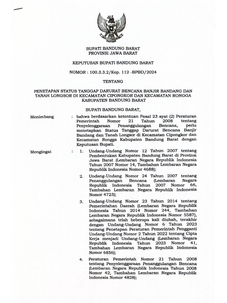 SK Penetapan Status Tanggap Darurat Bencana Banjir Bandang Dan Tanah Longsor Di Kec. Cipongkor ...