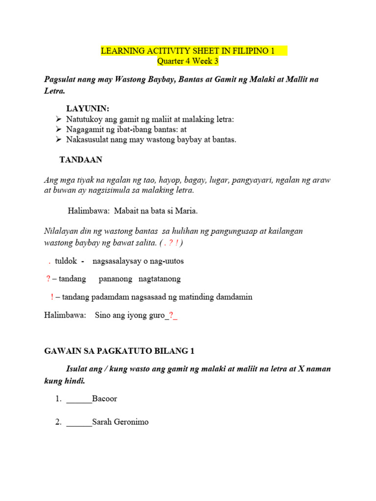 Learning Activity Sheet Filipino 1 Q4 W3 | PDF