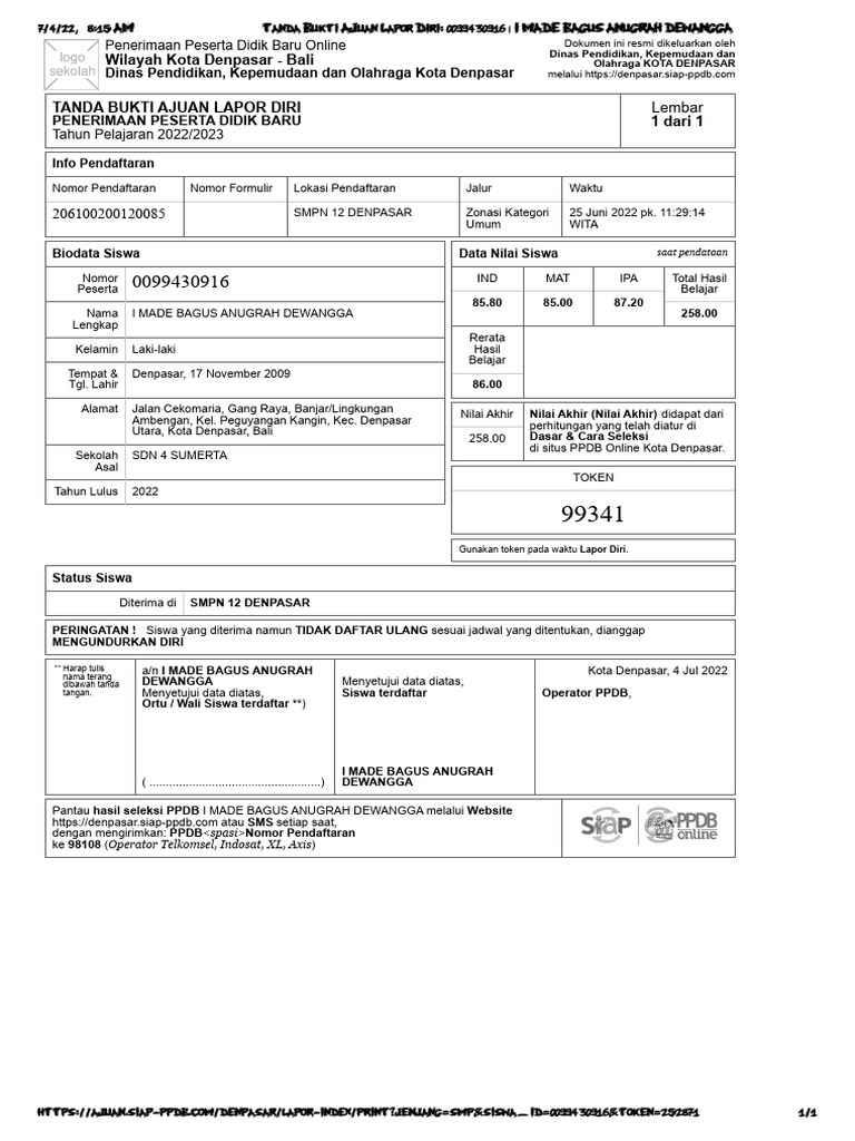 Tanda Bukti AJuan Lapor Diri - 0099430916 - I MADE BAGUS ANUGRAH DEWANGGA | PDF