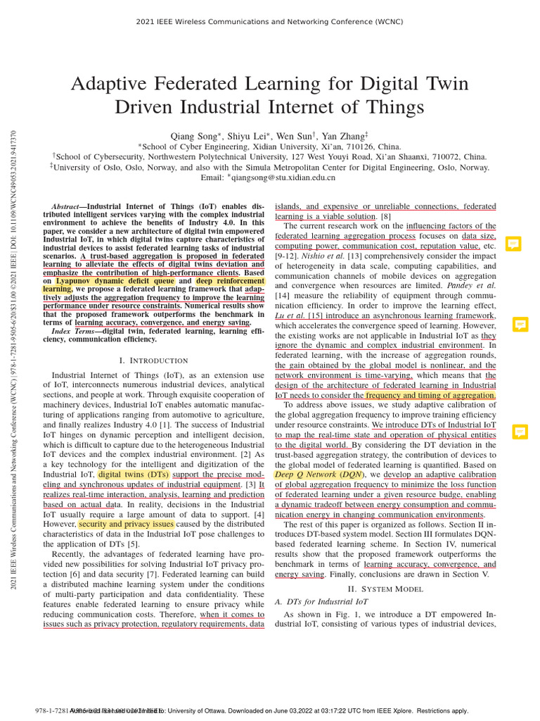 Adaptive Federated Learning For Digital Twin Driven Industrial Internet Of Thing 2s Pdf