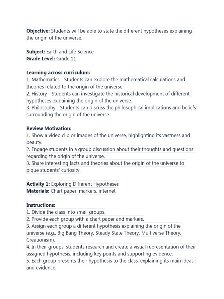 lesson plan about the origin of the universe | PDF | Hypothesis | Universe