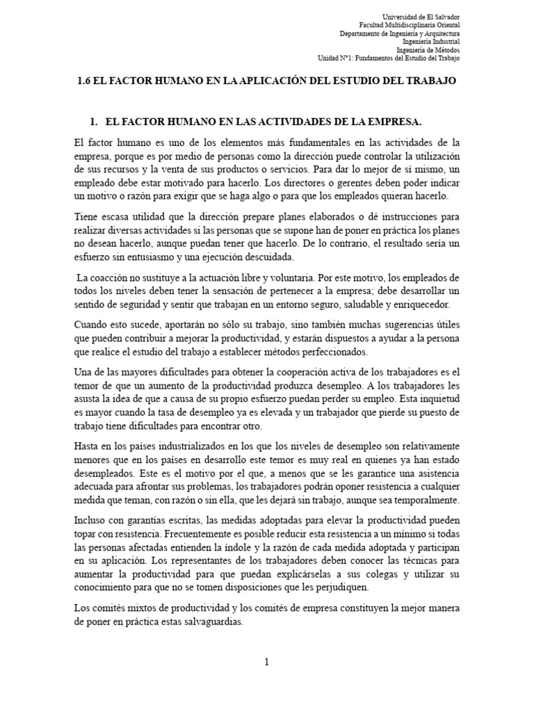 1.6 EL FACTOR HUMANO EN LA APLICACIÓN DEL ESTUDIO DEL TRABAJO | PDF | Ingeniería | Desempleo