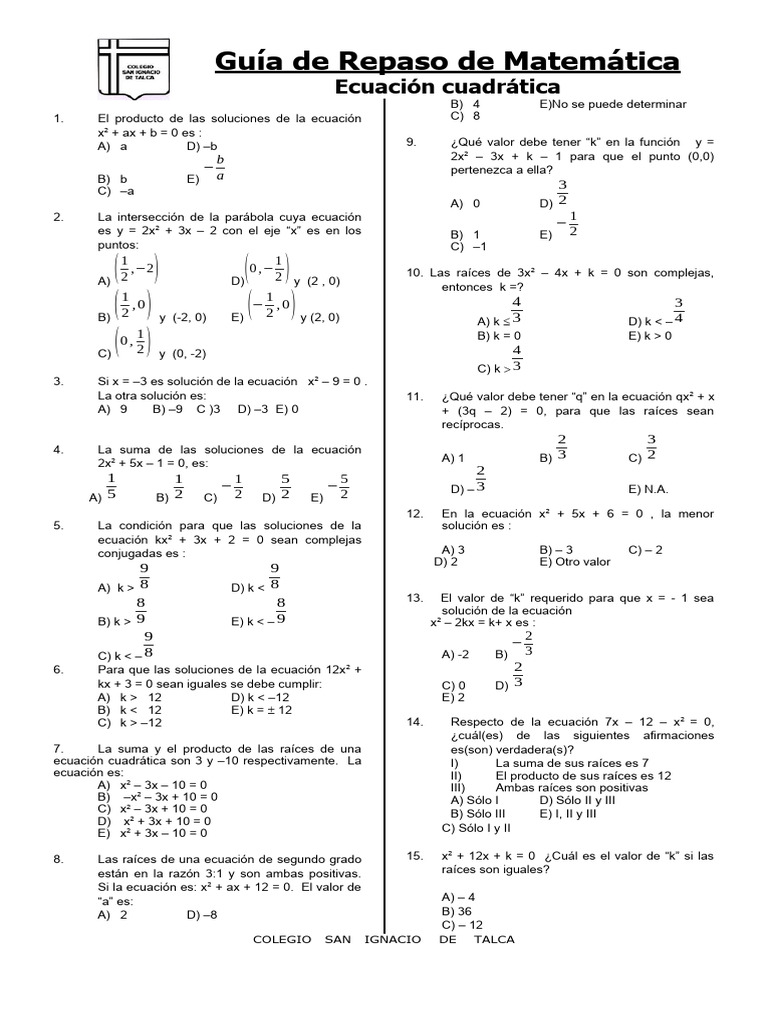 Guia de Repaso Ec. Cuadratica | PDF | Ecuación cuadrática | Ecuaciones
