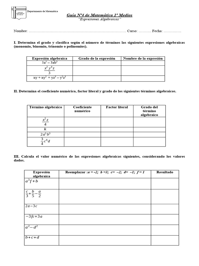 Guia de Expresiones Algebraicas 4 | PDF | Ciencia computacional ...