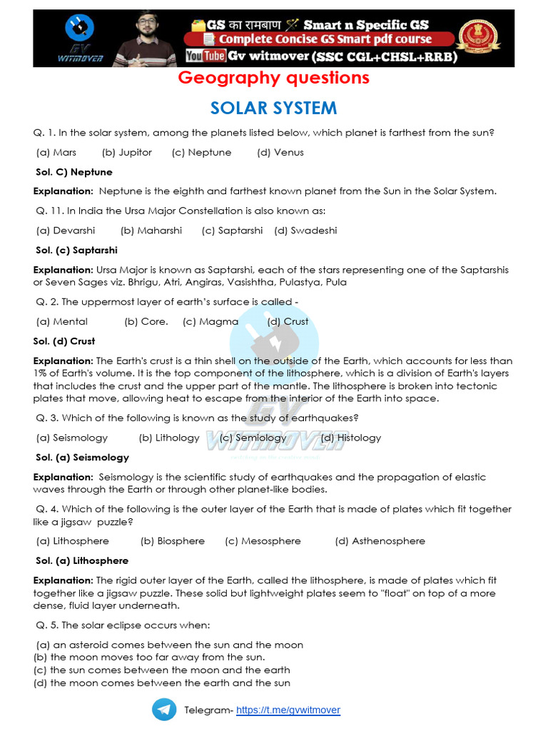 Geography Questions: Solar System | PDF | Apsis | Natural Satellite