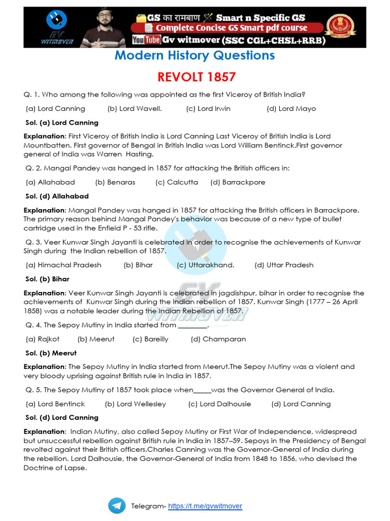 Modern History Questions: REVOLT 1857 | PDF | Indian Rebellion Of 1857 ...
