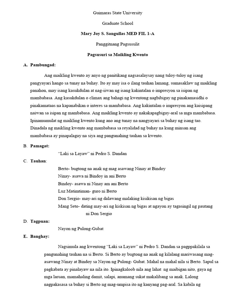 Pagsusuri Sa Maikling Kwento | PDF