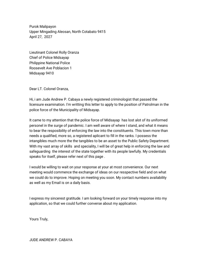 Patrolman Application Letter | PDF | Politics