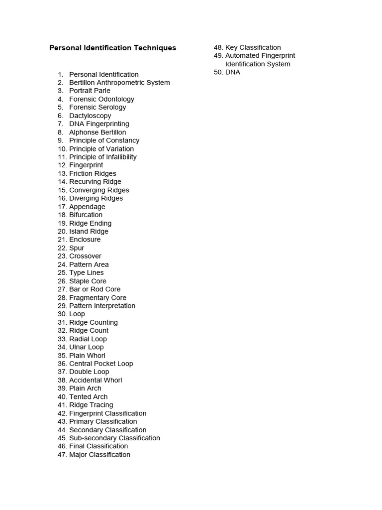 Personal Identification Methods Overview | PDF | Fingerprint | Techniques