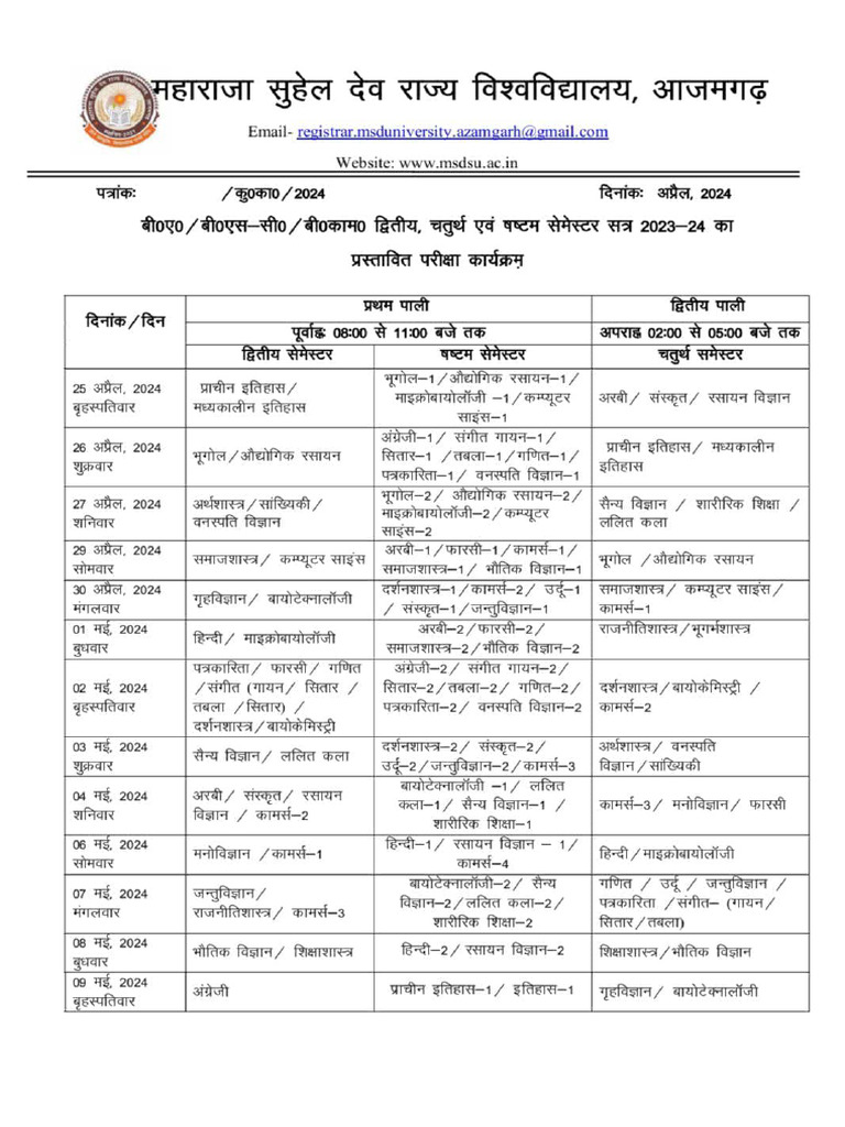 Msdsu UG Time Table 2024 | PDF