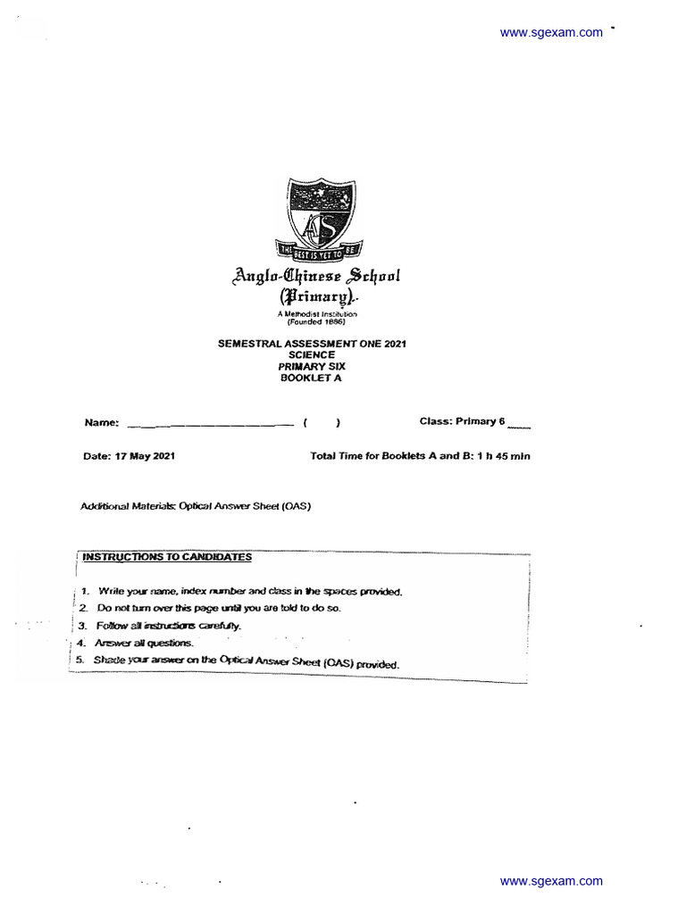 Primary 6 Science Assessment 2021 | PDF