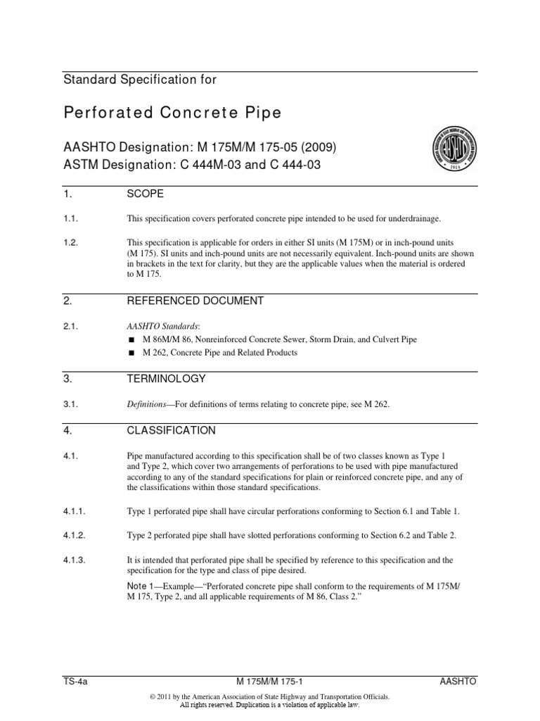 AASHTO M175M-05 Perforated Concrete Pipe | PDF | Pipe (Fluid Conveyance ...