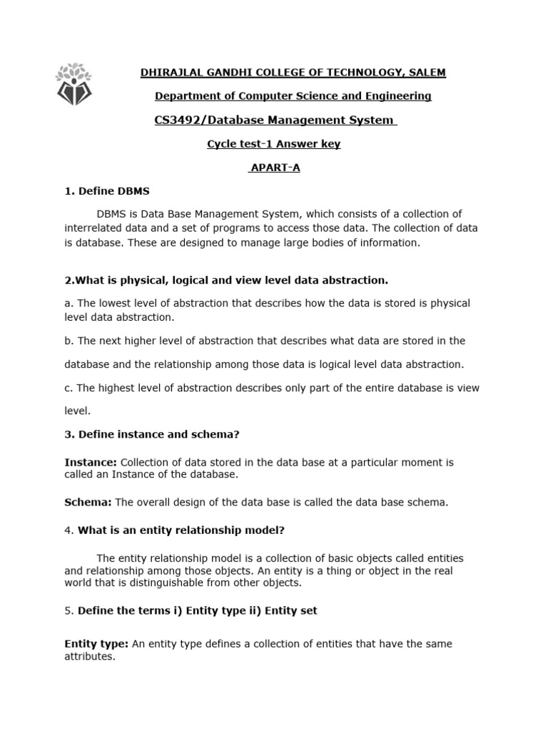 CT1 Answer Key | PDF | Databases | Data Model