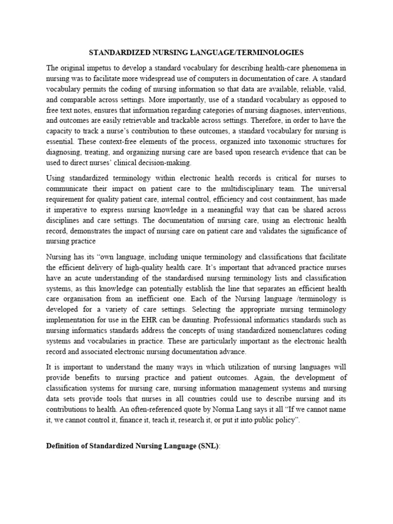 Standardized Nursing Languages | PDF | Nursing | Health Care
