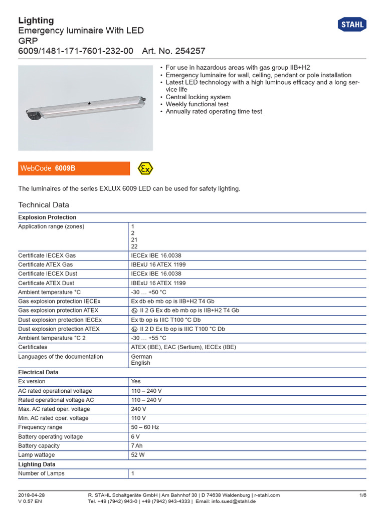 Stahl 6009-1481-171-7601-232-01 Emergency Led Light 52W | PDF ...