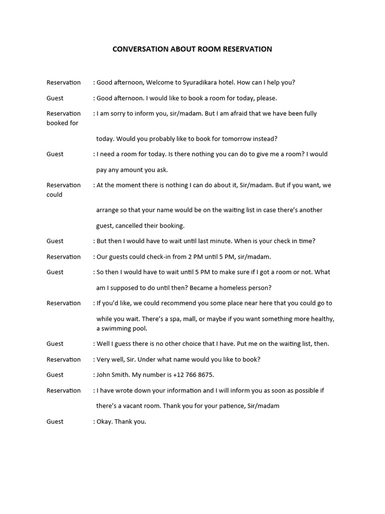 Hotel Room Reservation Dialogue | PDF | Hotel | Hospitality Industry