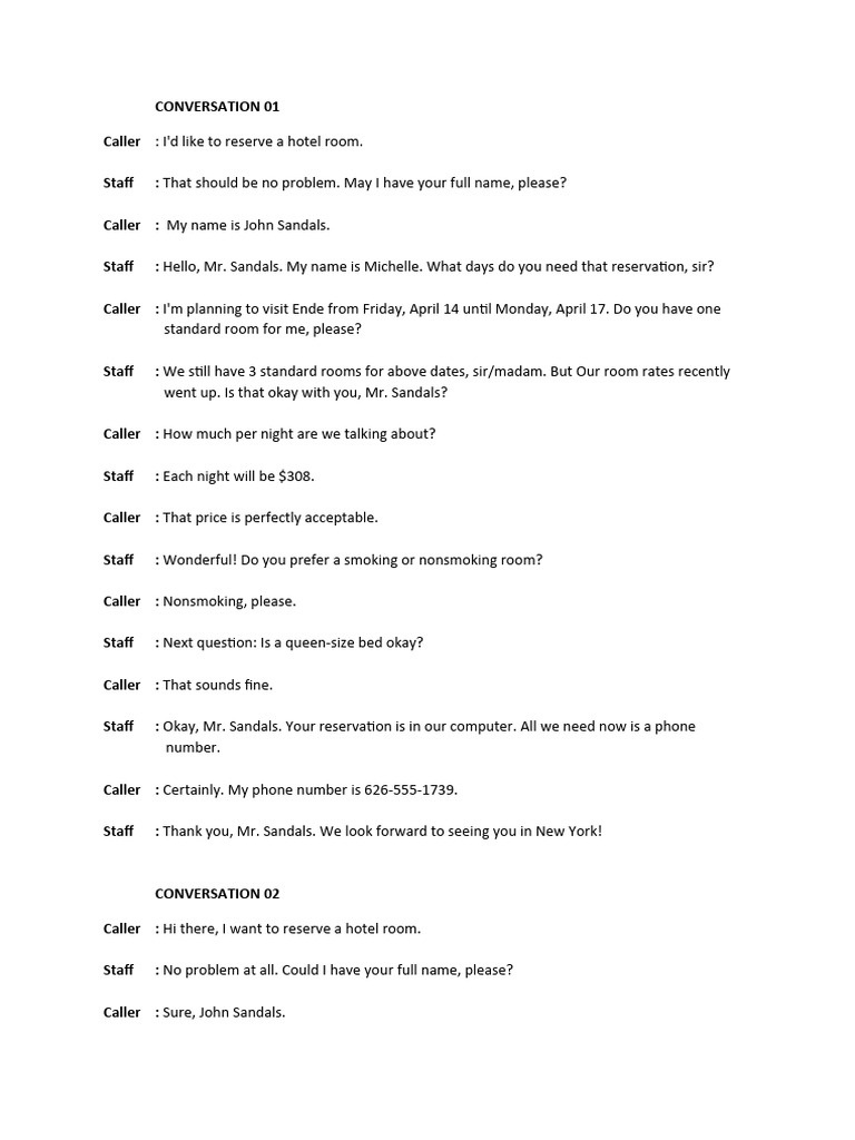 Hotel Room Reservation Dialogue | PDF
