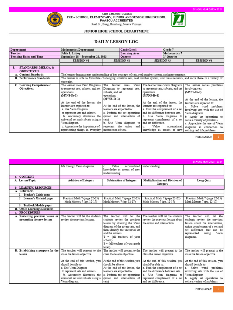 Grade 7 Math Daily Lesson Log | PDF | Learning | Critical Thinking
