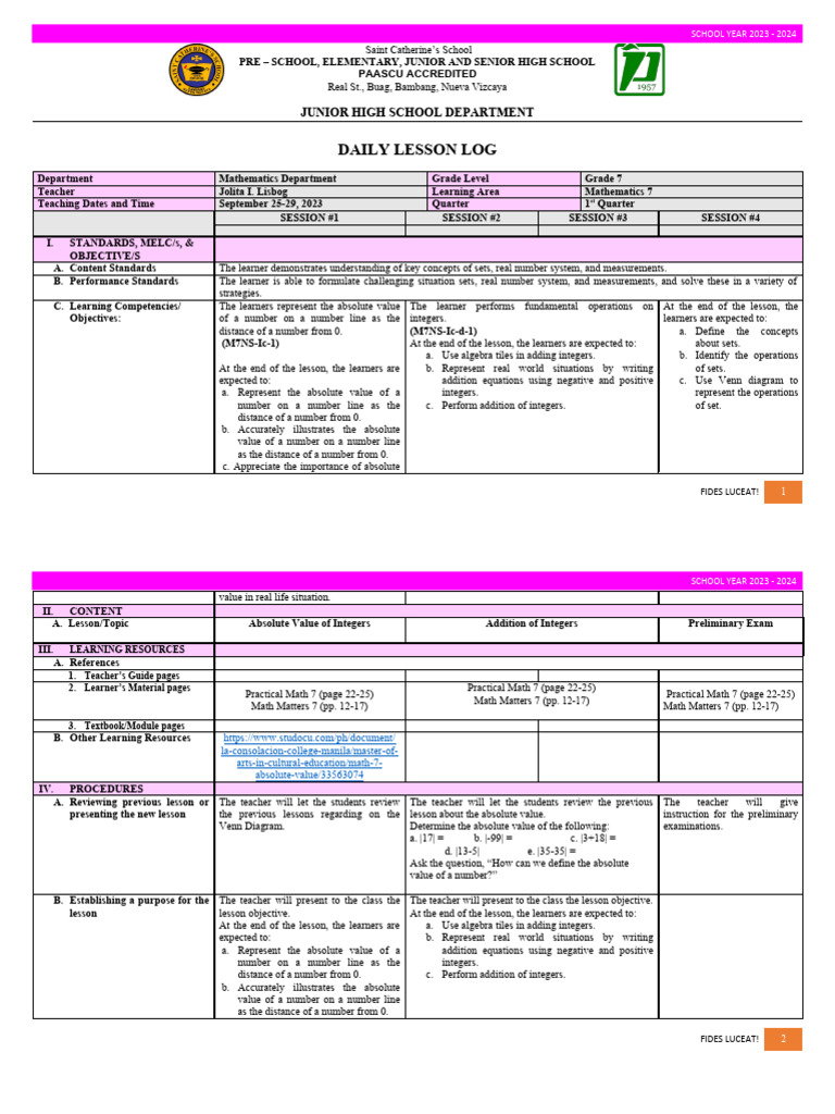2023 DLL Mathematics 7 Q1 W 4 | PDF | Numbers | Mathematics