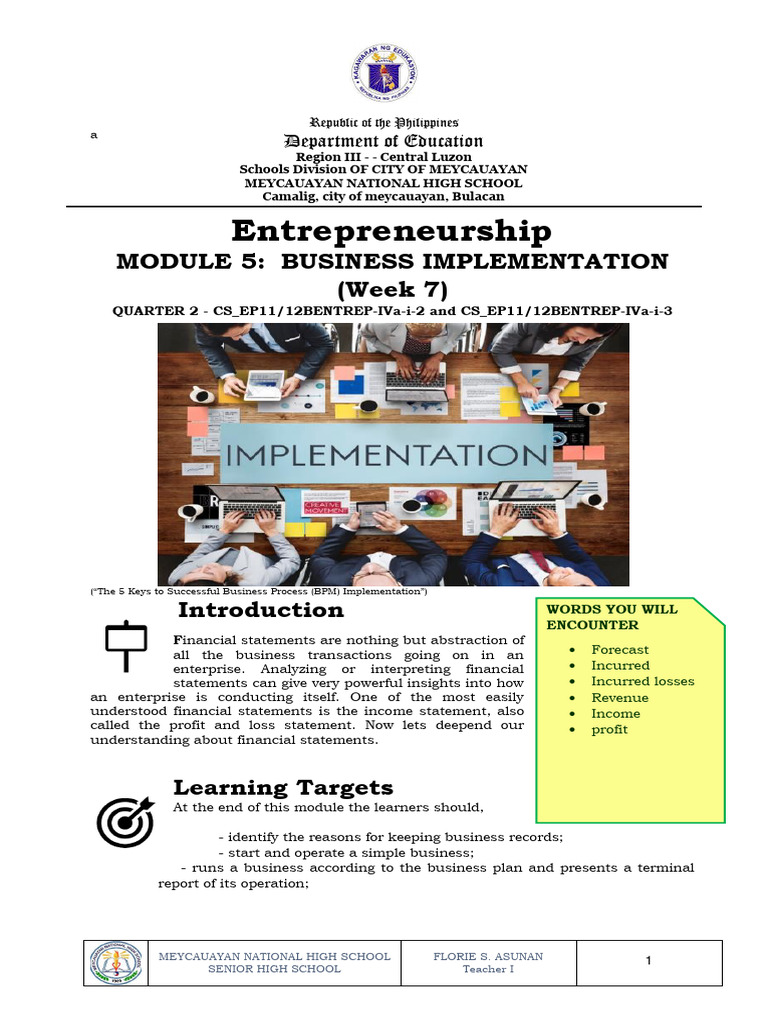 ENTREP Mod5 LESSON2 - Q2W7 | PDF | Balance Sheet | Income Statement