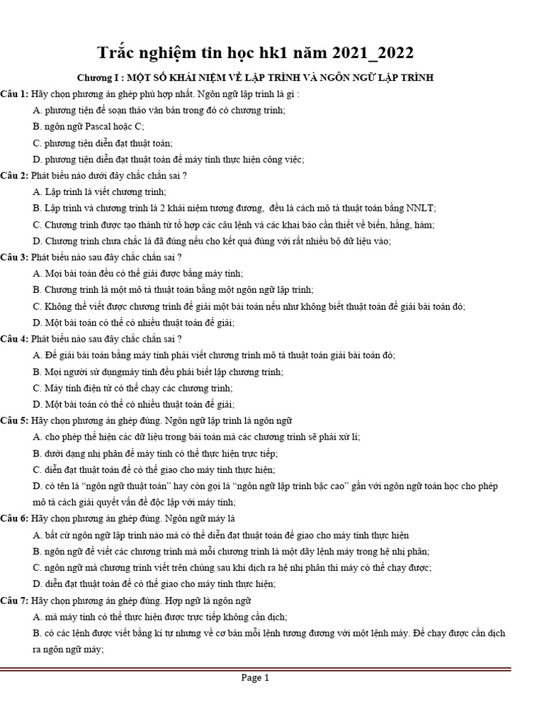Trắc Nghiệm Tin 11 Hk1 - 2021 | PDF