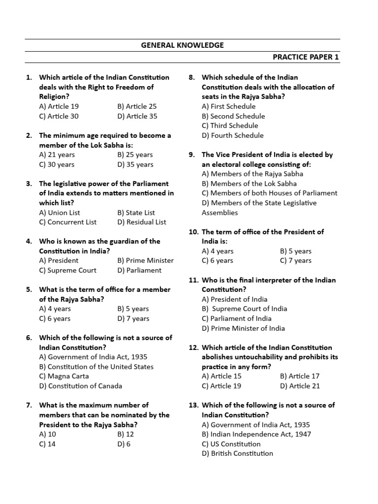 GENERAL KNOWLEDGE PRACTICE PAPER 1 | PDF | Governance | Government ...