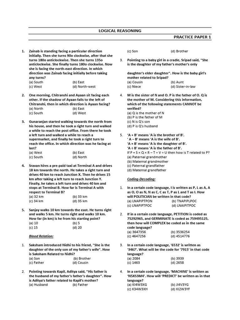 LOGICAL REASONING PRACTICE PAPER 1 | PDF