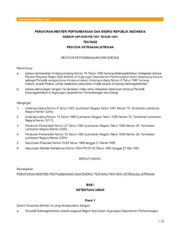 PERATURAN MENTERI PERTAMBANGAN DAN ENERGI REPUBLIK INDONESIA NOMOR 04P - 40 - M.PE - 1991 TAHUN ...